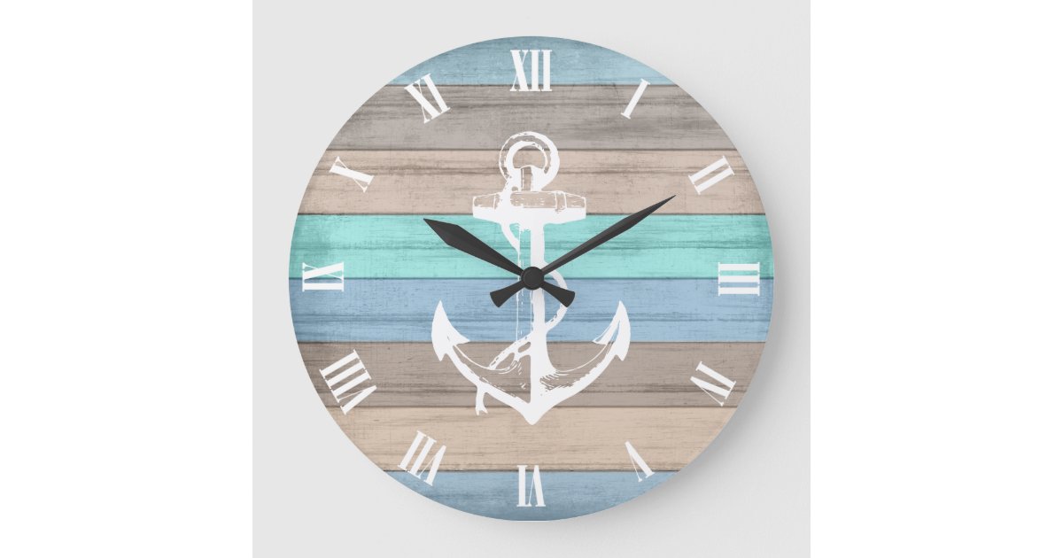 Rustic Beach Wood Nautical Stripes & Anchor Large Clock | Zazzle