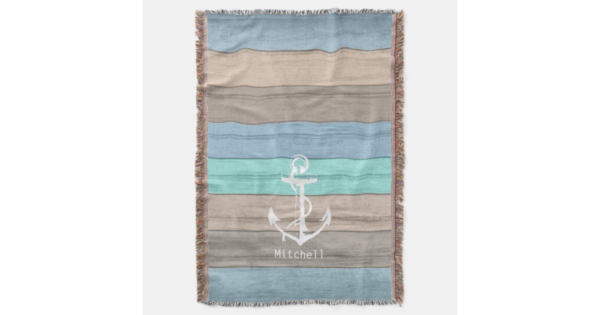 Rustic Beach Wood Nautical Stripes & Anchor Throw Blanket | Zazzle
