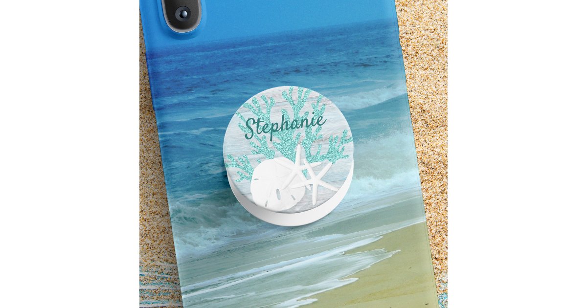 Rustic Beach Wood Sand Dollar Starfish Glitter PopSocket | Zazzle