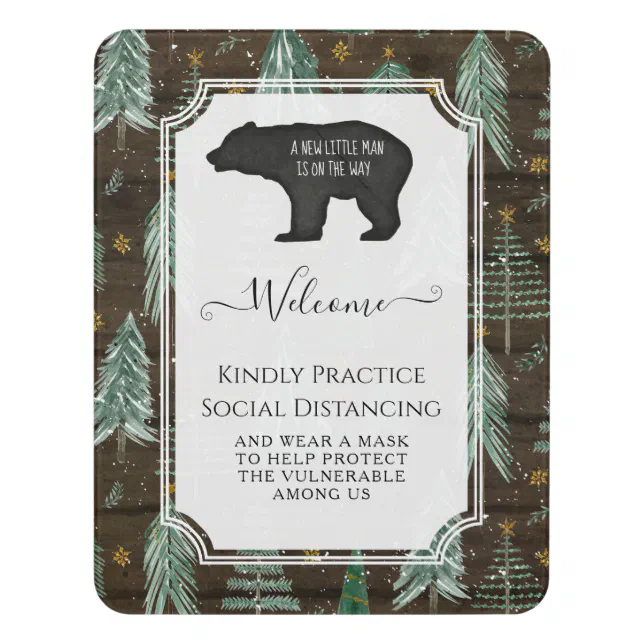 Rustic Bear Baby Shower Little Man Social Distance Door Sign | Zazzle