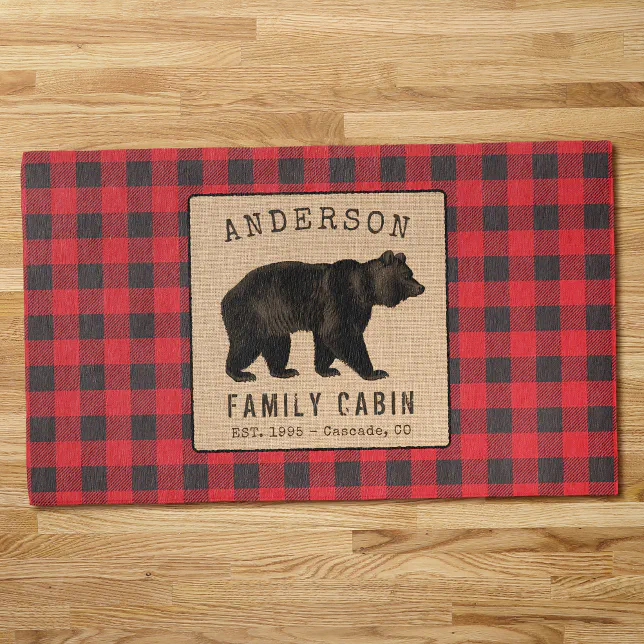 Rustic Bear Family Cabin Red Buffalo Plaid Burlap Rug | Zazzle