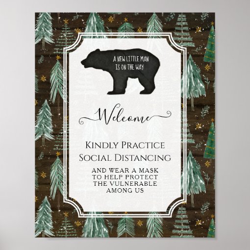 Rustic Bear Little Man Baby Shower Social Distance Poster | Zazzle