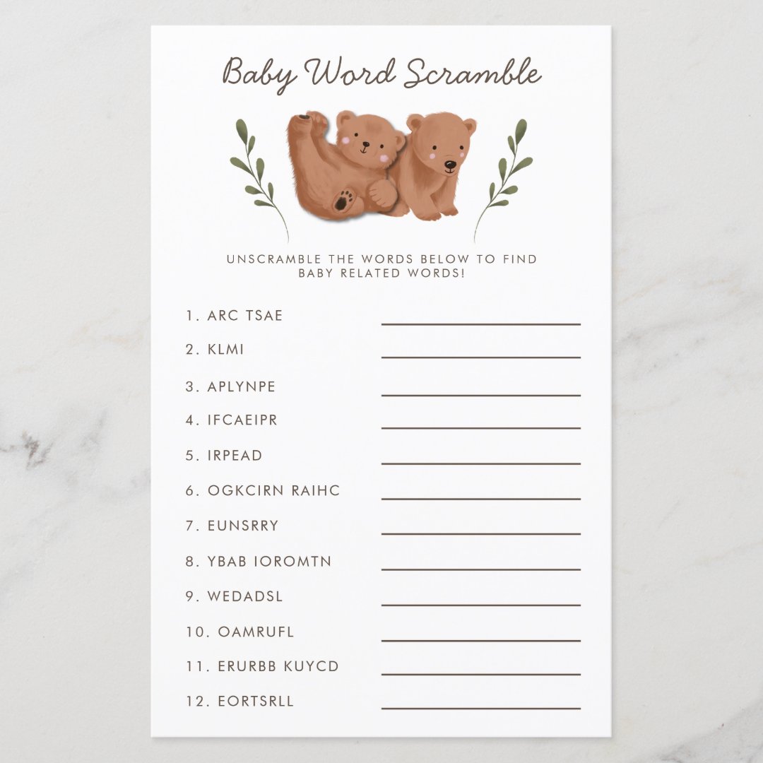 Rustic Bears Twins Baby Word Scramble Game | Zazzle