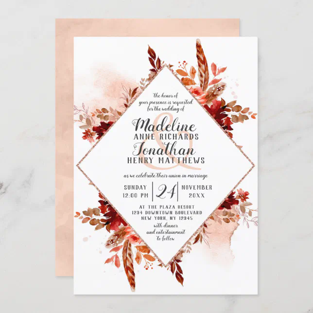 Rustic Beauty Boho Floral Diamond Frame Wedding Invitation | Zazzle