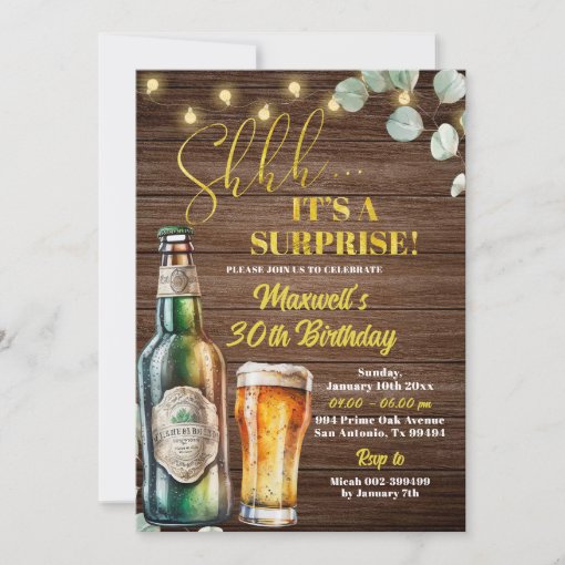 Rustic Beer Surprise Adult Birthday Party Invitation | Zazzle