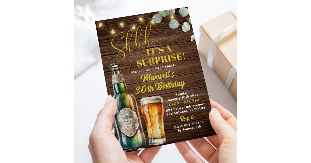 Rustic Beer Surprise Adult Birthday Party Invitation | Zazzle