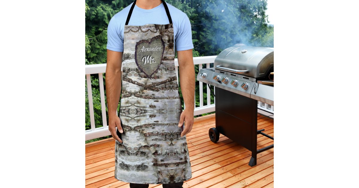 Rustic Birch Bark Wood Carved Heart Tree Mr. Apron | Zazzle