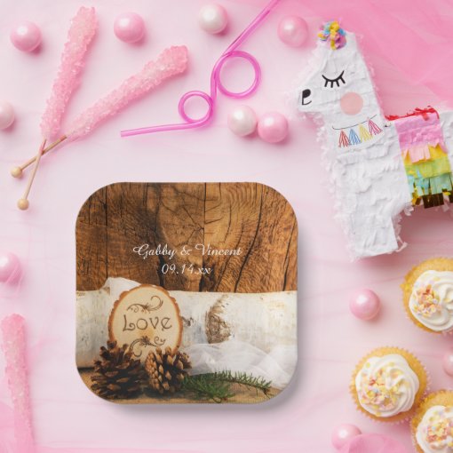 Rustic Birch Tree and Barn Wood Wedding Paper Plates | Zazzle