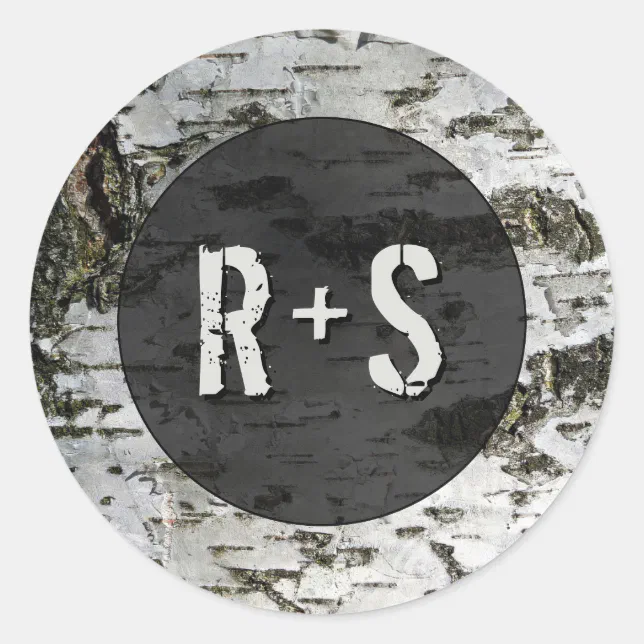 Rustic Birch Tree Bark Modern Wedding Monogram Classic Round Sticker ...