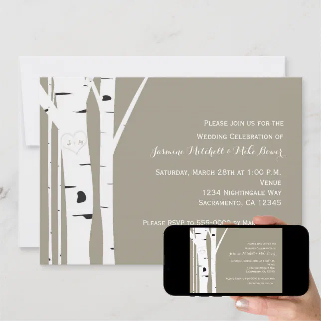 Rustic Birch Tree Carved Heart Wedding Invitation | Zazzle