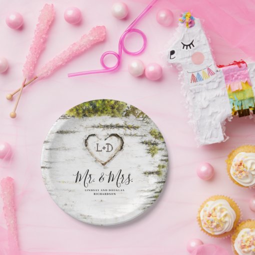 Rustic Birch Tree Heart Fall Wedding Paper Plates | Zazzle