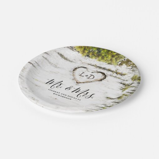 Rustic Birch Tree Heart Fall Wedding Paper Plates | Zazzle
