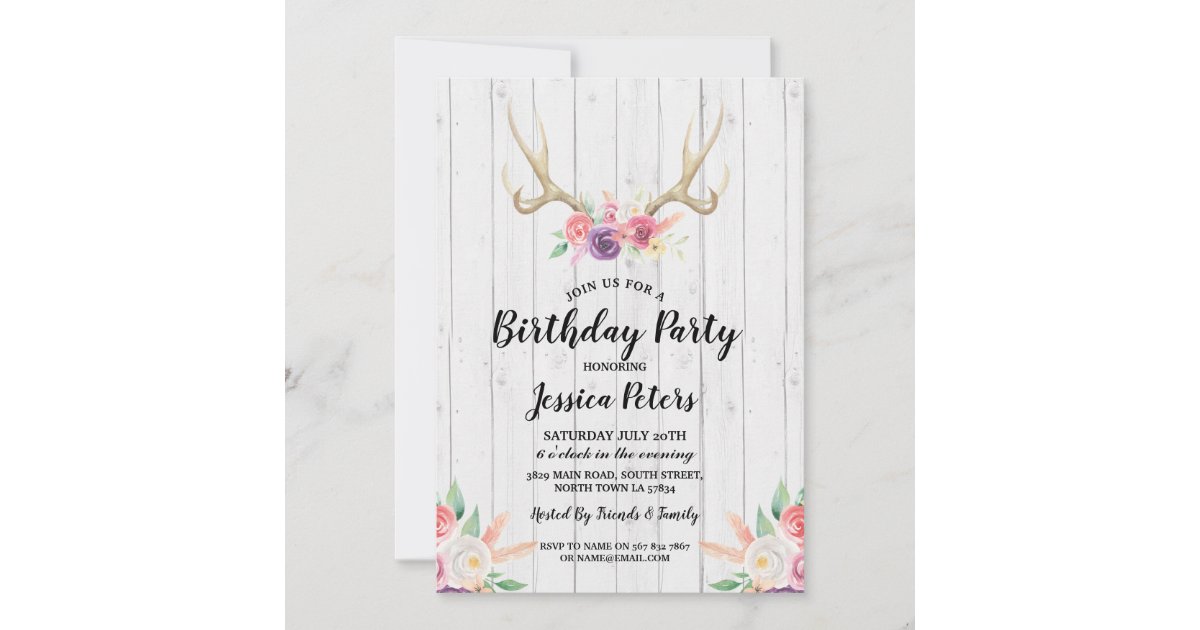 Rustic Birthday Party Floral Antler Stag Invite | Zazzle