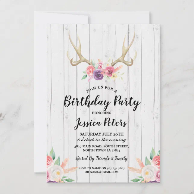 Rustic Birthday Party Floral Antler Stag Invite | Zazzle