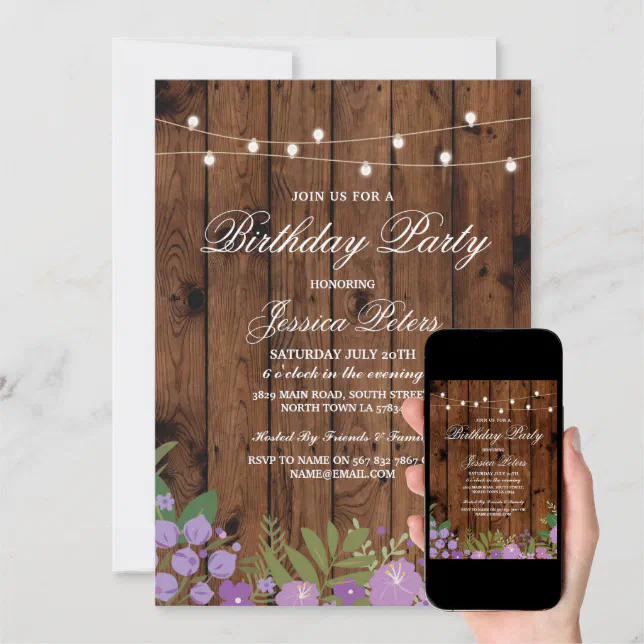 Rustic Birthday Party Purple Floral Wood Invite | Zazzle