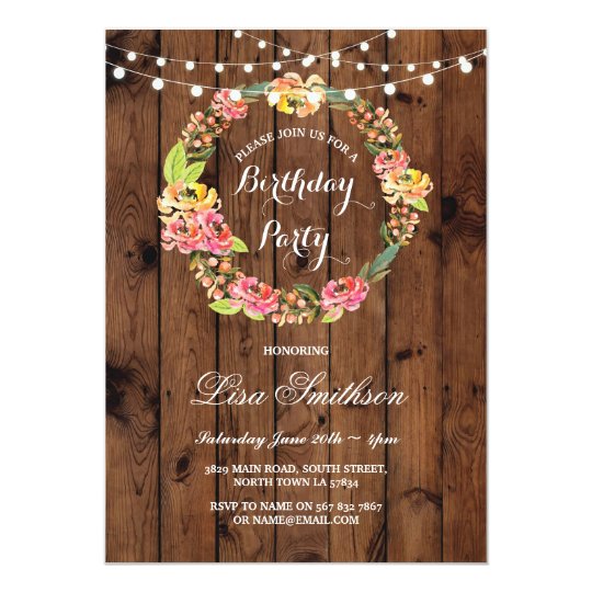Rustic Birthday Party Wreath Flowers Wood Invite | Zazzle.com