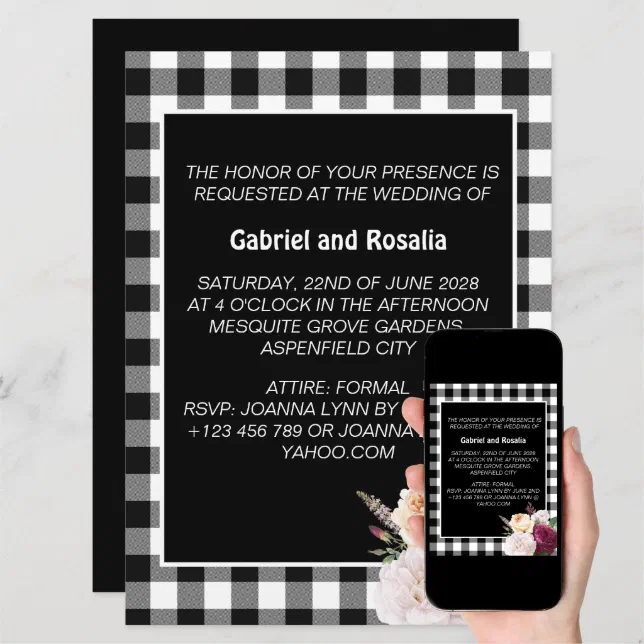 Rustic Black and White Buffalo Check Wedding Invitation | Zazzle