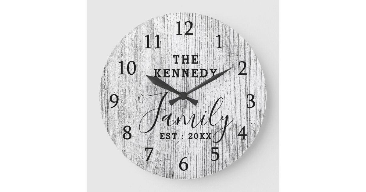 Rustic Black And White Wood Family Name Farmhouse Large Clock | Zazzle