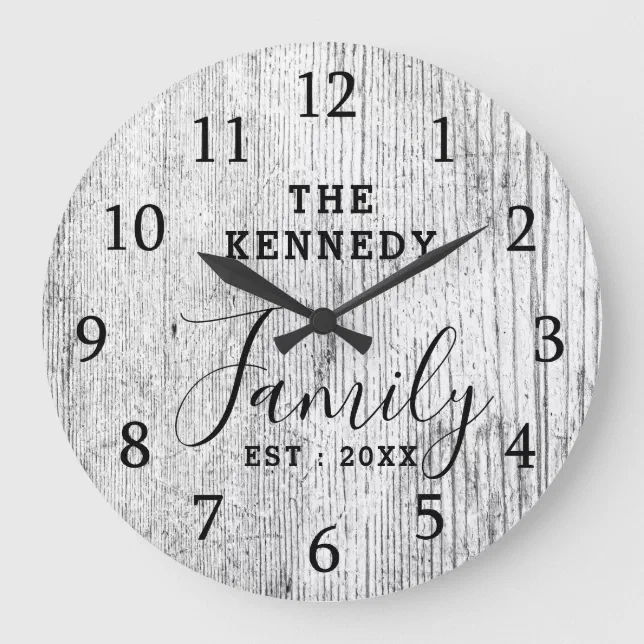 Rustic Black And White Wood Family Name Farmhouse Large Clock | Zazzle