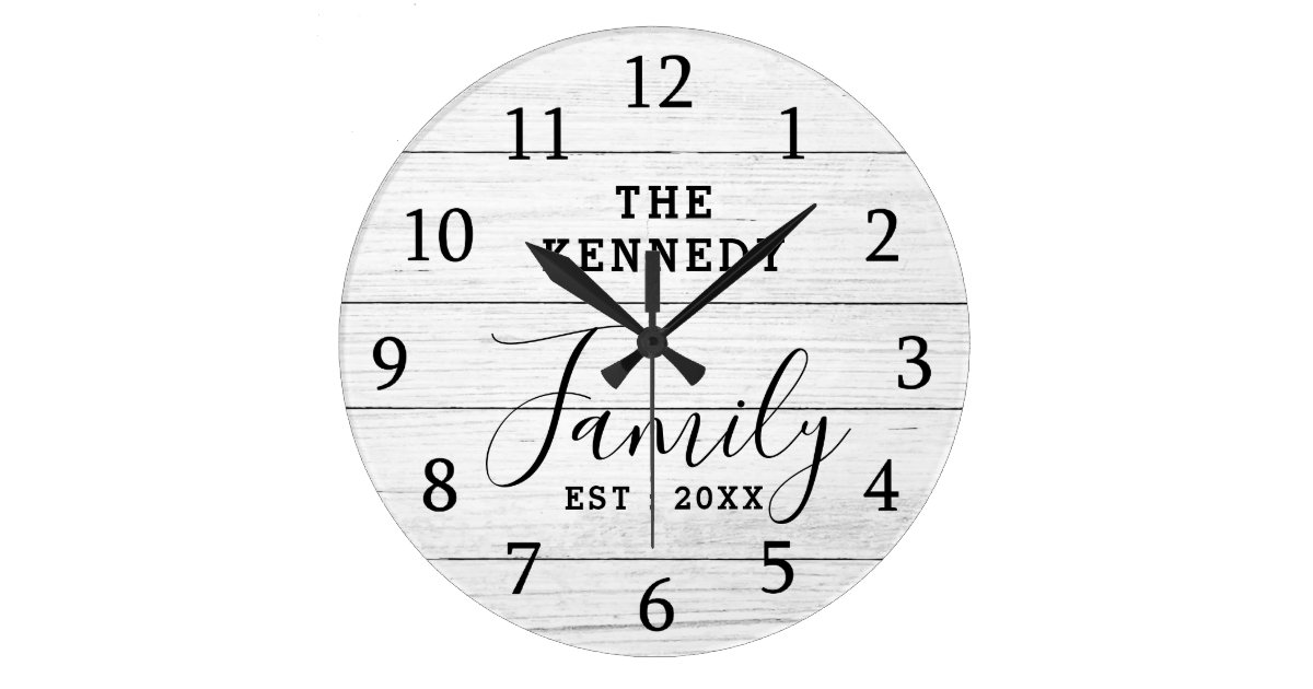 Rustic Black And White Wood Farmhouse Family Name Large Clock | Zazzle.com