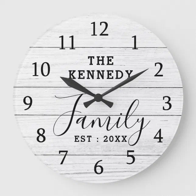 Rustic Black And White Wood Farmhouse Family Name Large Clock | Zazzle