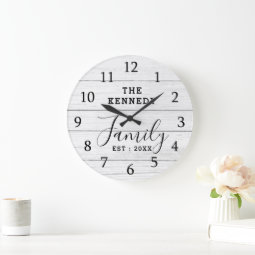 Rustic Black And White Wood Farmhouse Family Name Large Clock | Zazzle