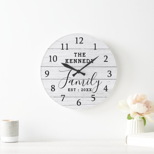 Rustic Black And White Wood Farmhouse Family Name Large Clock | Zazzle