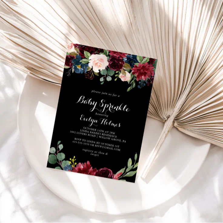 Rustic Black Botanical Baby Sprinkle Invitation | Zazzle