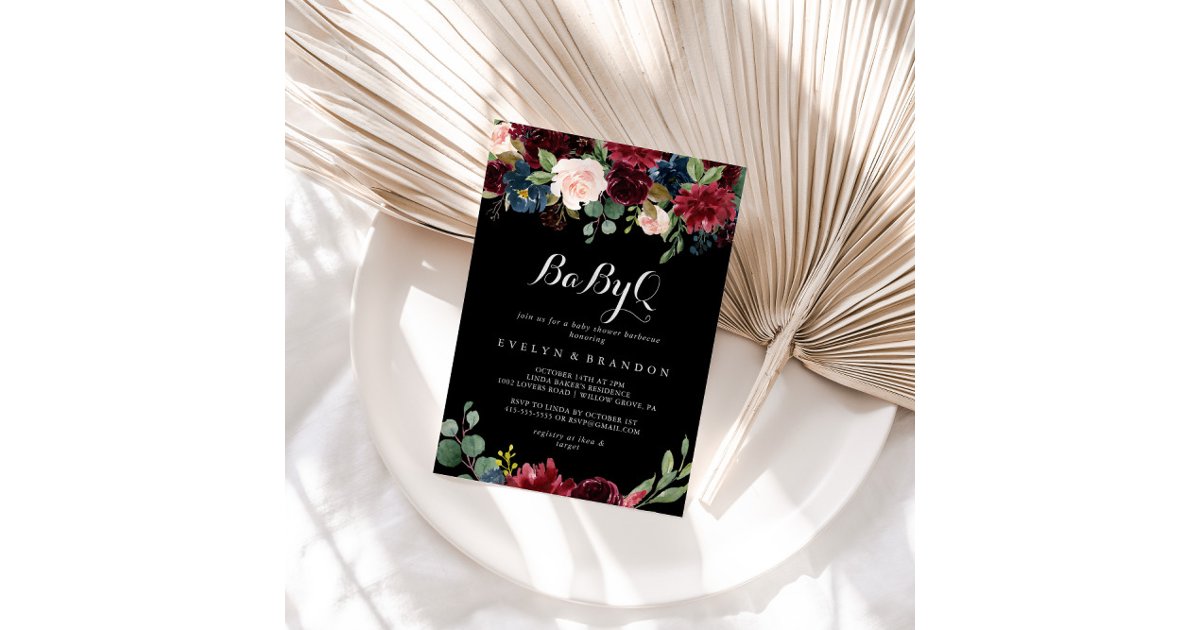 Rustic Black Botanical BabyQ Baby Shower Barbecue Invitation | Zazzle