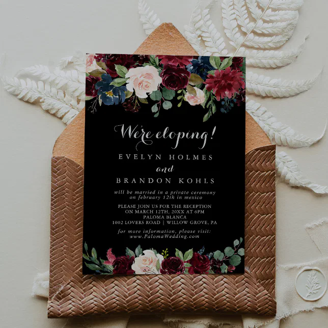 Rustic Black Botanical Elopement Reception Invitation | Zazzle