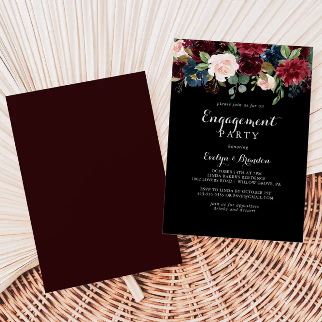 Rustic Black Botanical Engagement Party Invitation | Zazzle