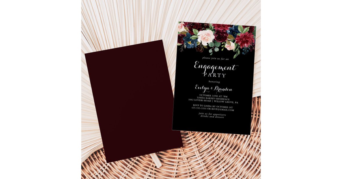 Rustic Black Botanical Engagement Party Invitation | Zazzle