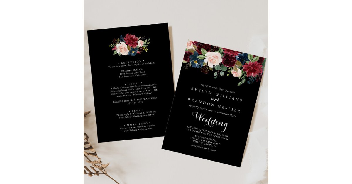 Rustic Black Botanical Front & Back Wedding Invitation | Zazzle
