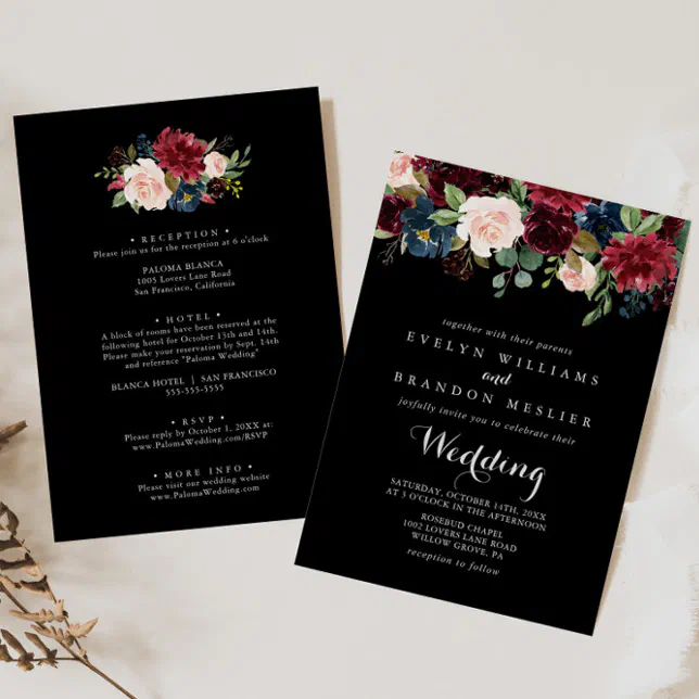 Rustic Black Botanical Front & Back Wedding Invitation | Zazzle