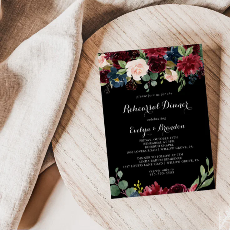Rustic Black Botanical Rehearsal Dinner Invitation | Zazzle