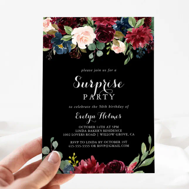 Rustic Black Botanical Surprise Party Invitation | Zazzle