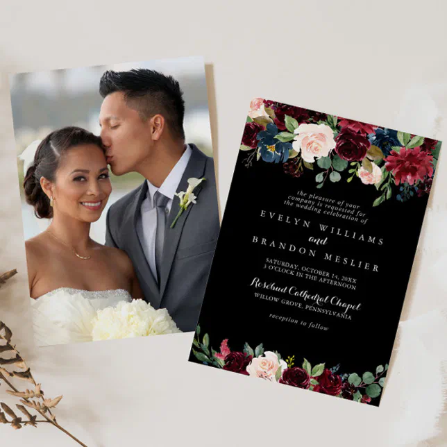 Rustic Black Botanical Wedding Invitation | Zazzle