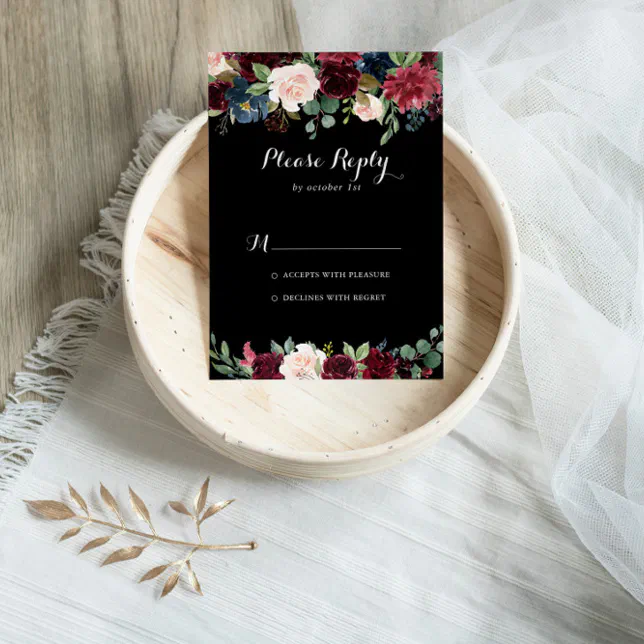 Rustic Black Botanical Wedding RSVP Card | Zazzle