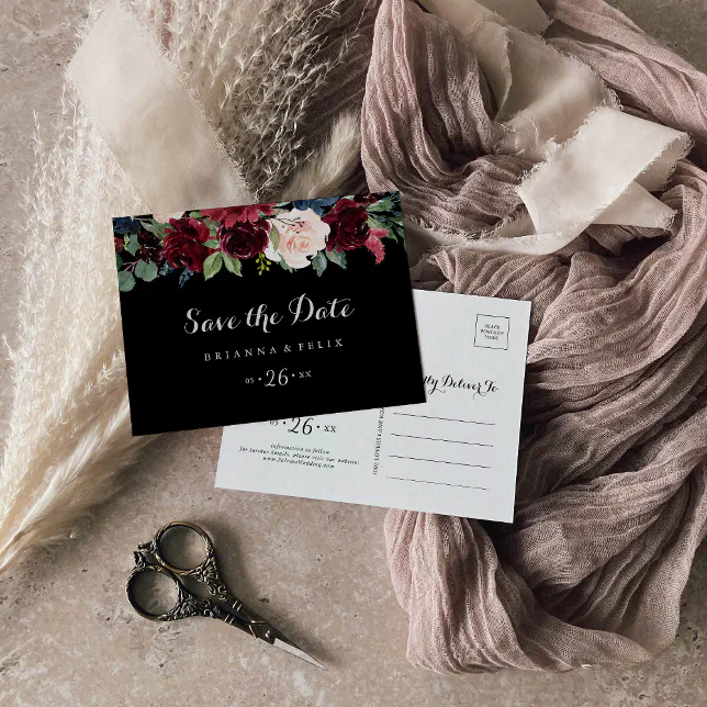 Rustic Black Botanical Wedding Save the Date Postcard | Zazzle