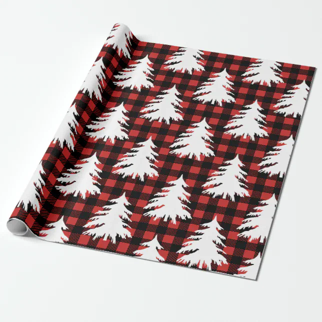 Rustic Black Buffalo Check Plaid White Trees Wrapping Paper | Zazzle