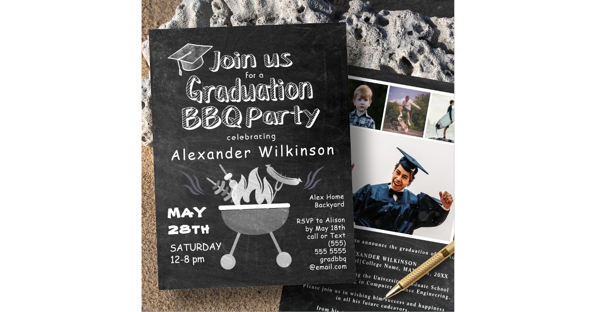 Rustic Black Chalkboard 4 Photo Fun Graduation BBQ Invitation | Zazzle