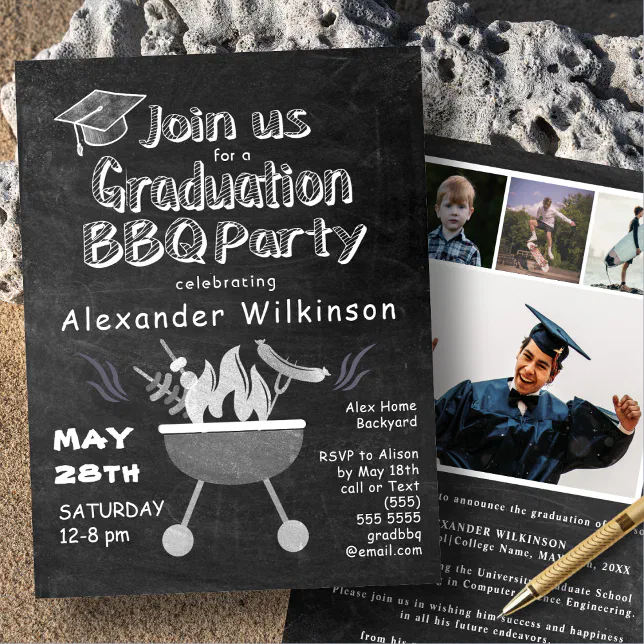 Rustic Black Chalkboard 4 Photo Fun Graduation BBQ Invitation | Zazzle