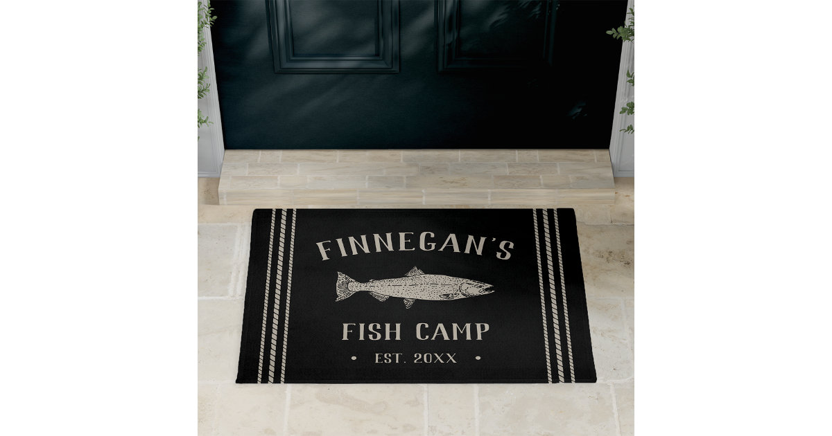 Rustic Black Personalized Fishing Cabin Doormat | Zazzle
