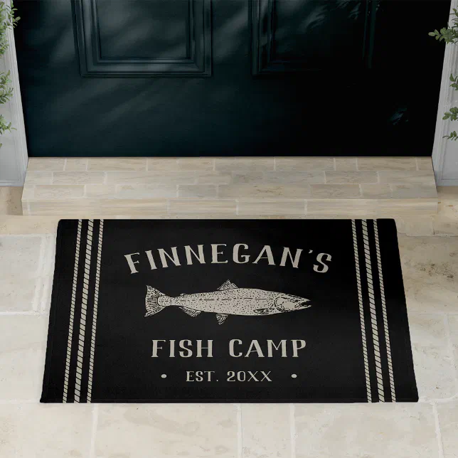 Rustic Black Personalized Fishing Cabin Doormat | Zazzle