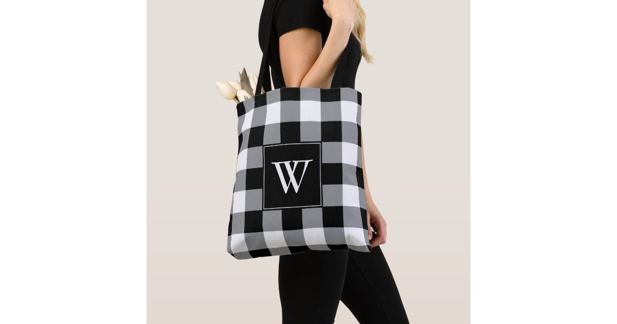Rustic Black White Buffalo Check Plaid Monogram Tote Bag | Zazzle