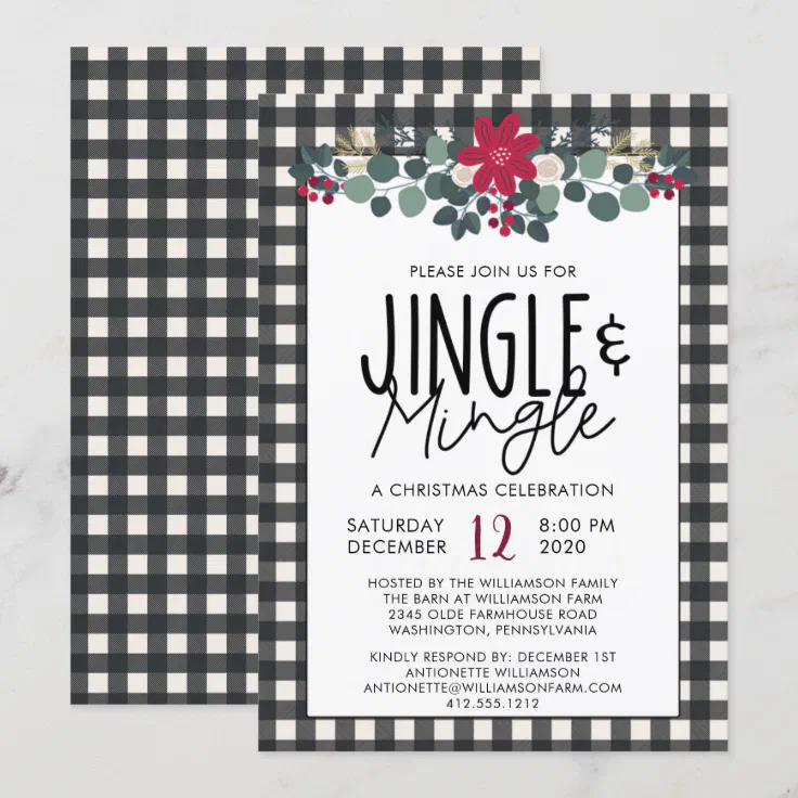 Rustic Black White Buffalo Plaid Christmas Party Invitation | Zazzle