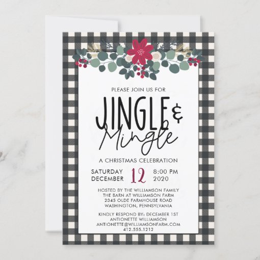 Rustic Black White Buffalo Plaid Christmas Party Invitation | Zazzle
