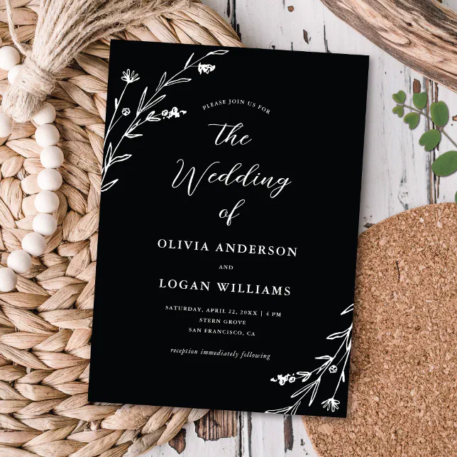 Rustic Black & White Wildflower Boho Wedding Invitation | Zazzle