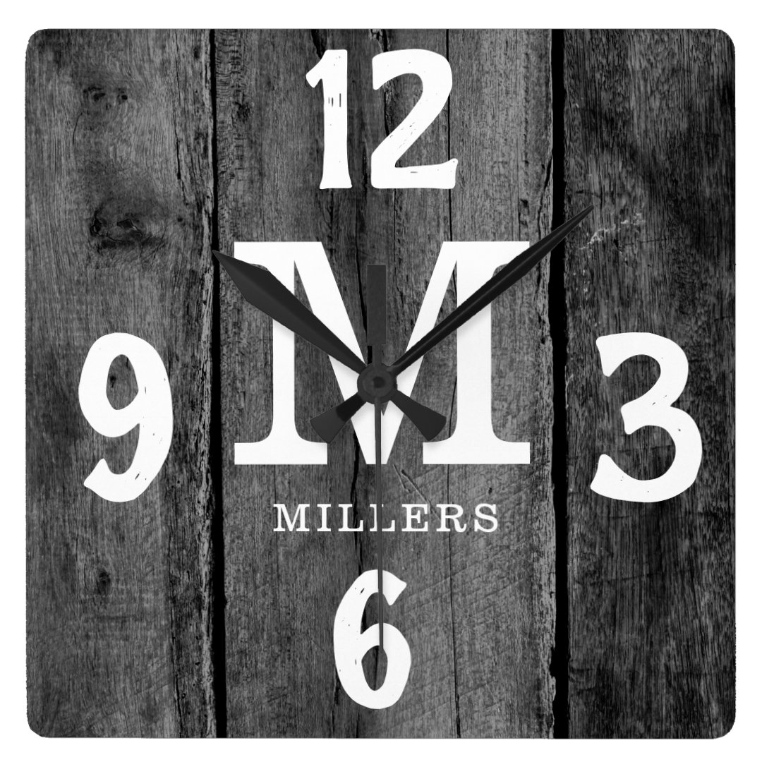 Rustic Black Wood Family Name Monogram Farmhouse Square Wall Clock | Zazzle