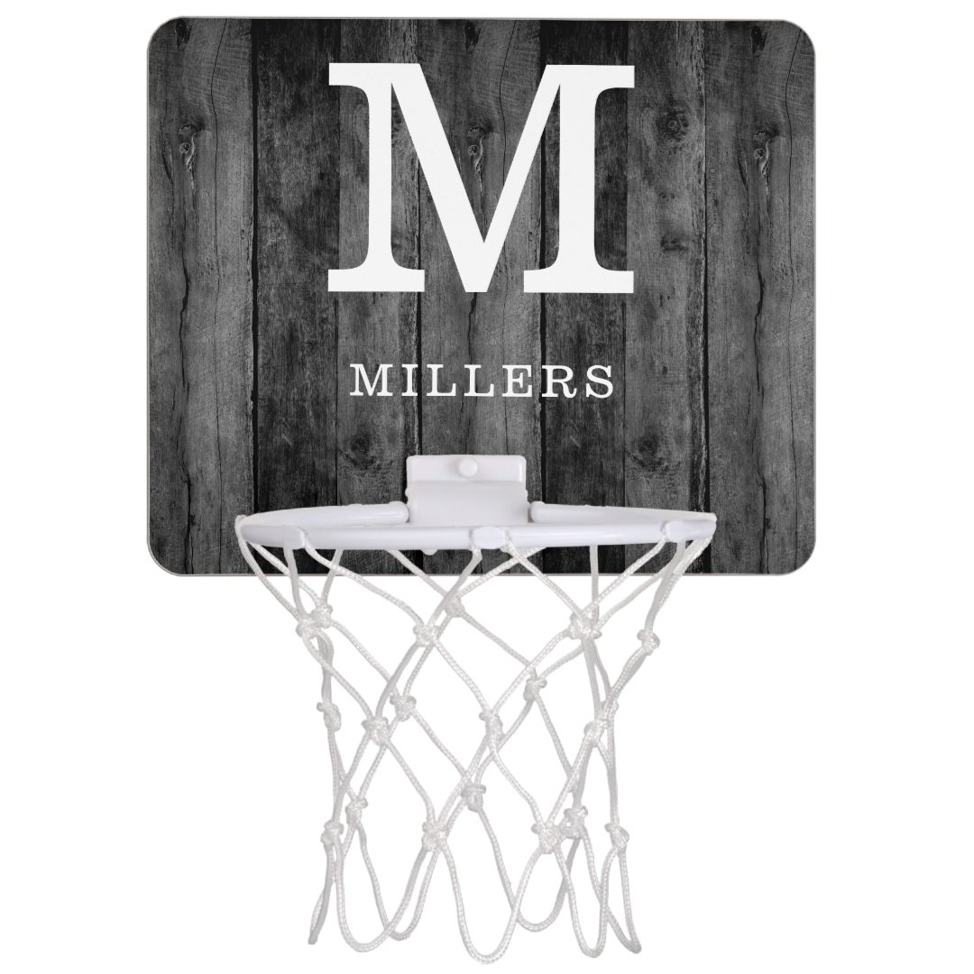 Rustic Black Wood Family Name Monogrammed Mini Basketball Hoop | Zazzle